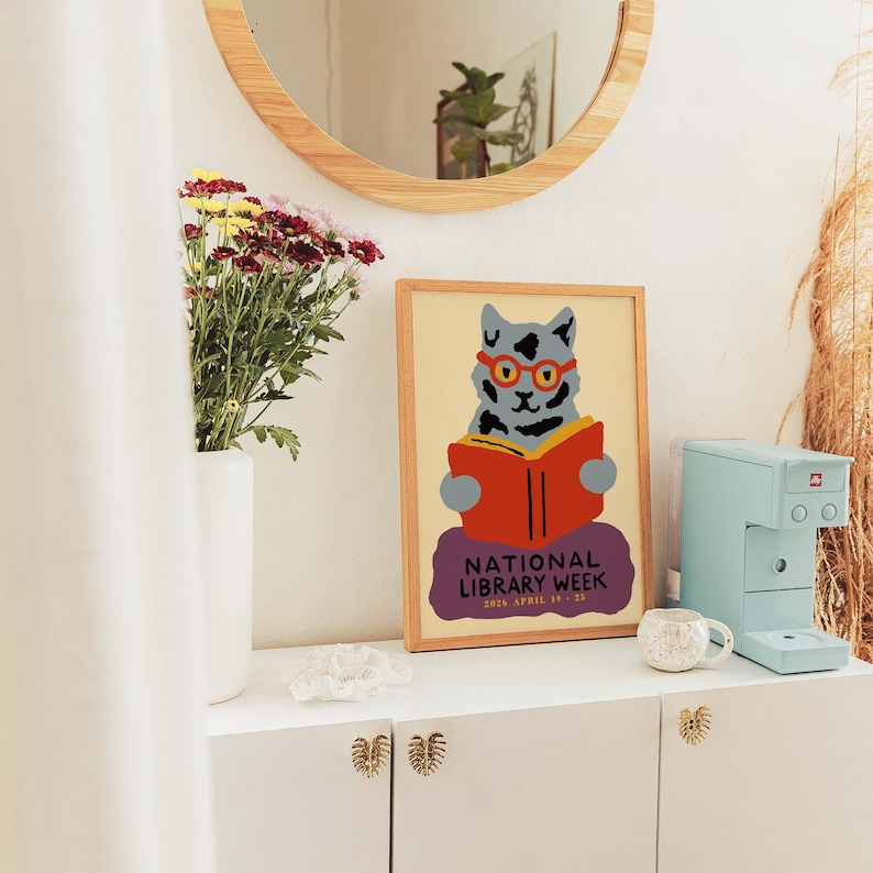 2026 National Library Week Poster - Cat Reading Book Print Wall Art ...