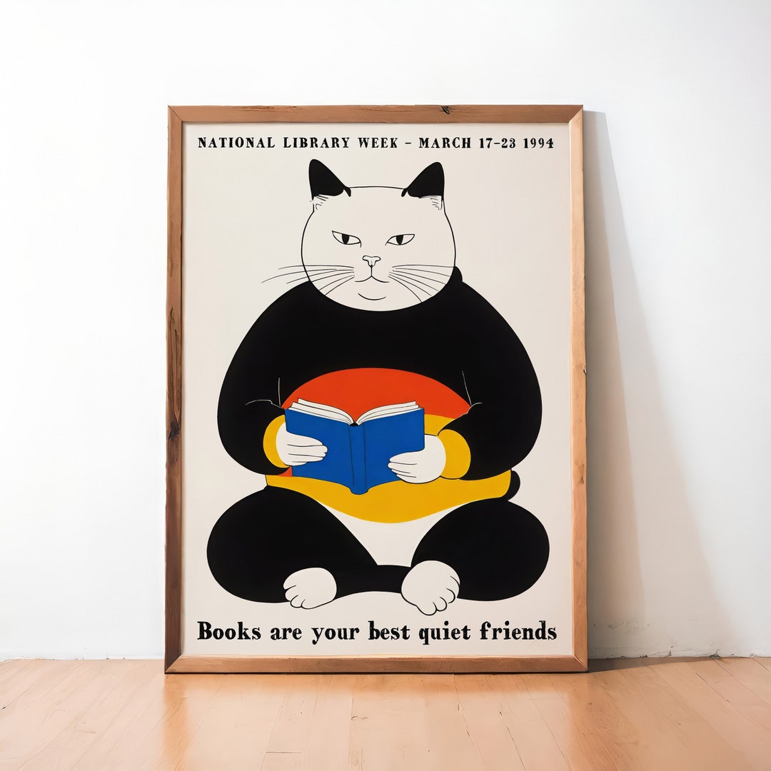 1994 National Library Week Poster: Cat Reading Book Art - Etsy