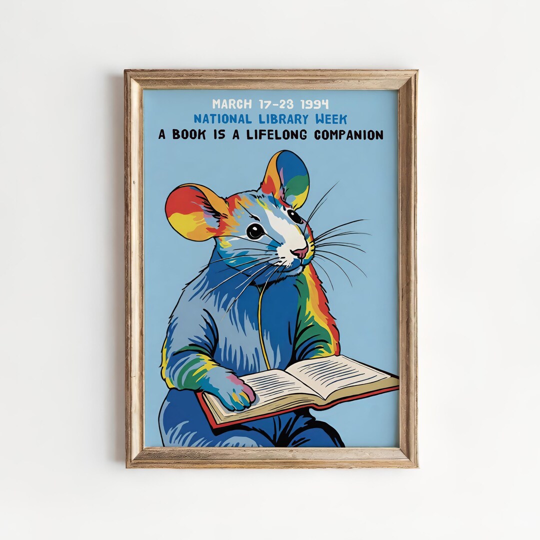 1994 National Library Week Poster: Colorful Mouse Reading Art - Etsy