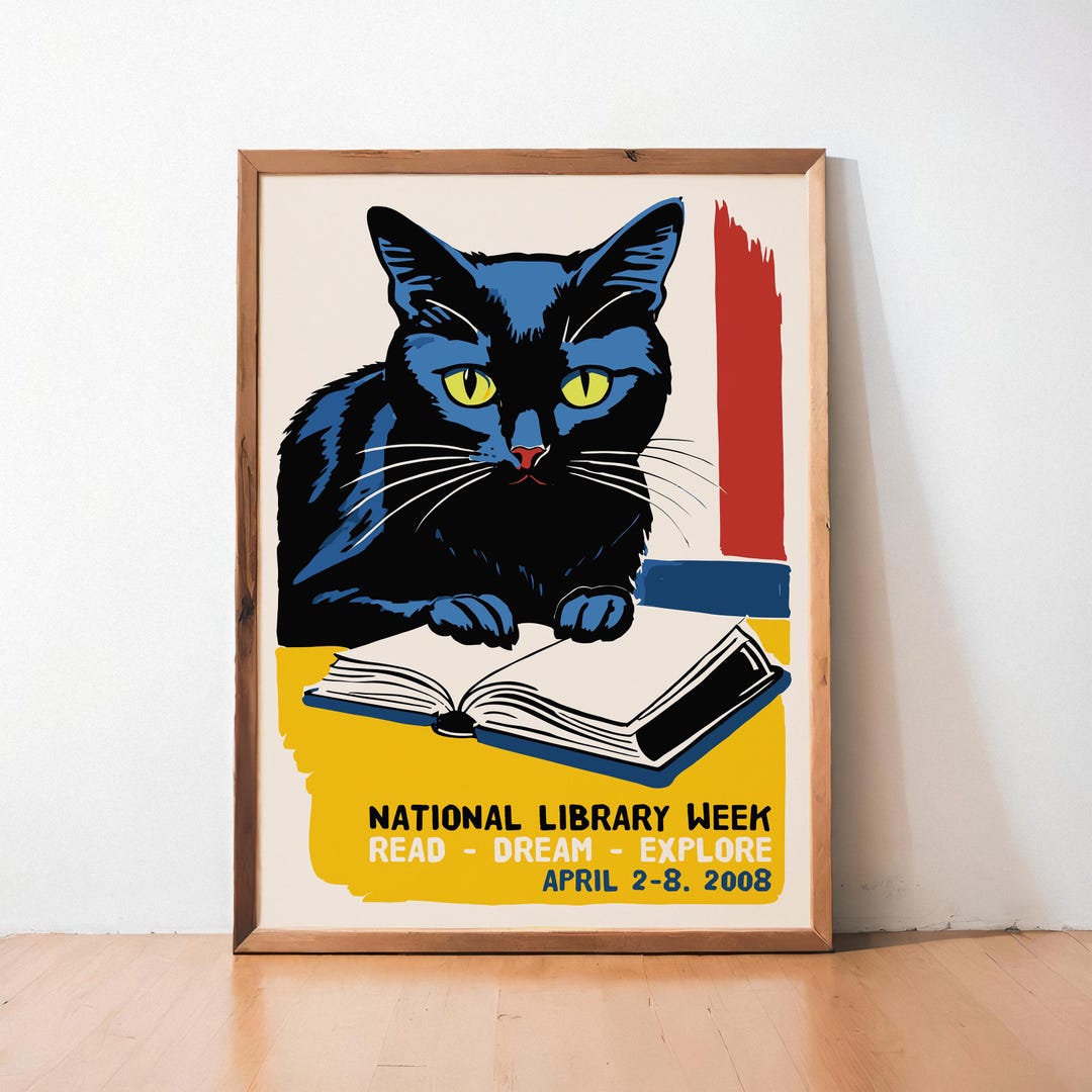 National Library Week Poster, Black Cat Reading Book Art Print ...