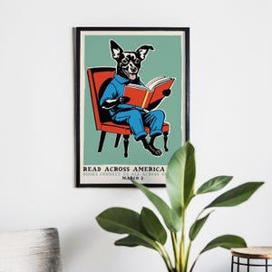 Read Across America Day Poster | Literacy Art Print | Dog Reading Book ...
