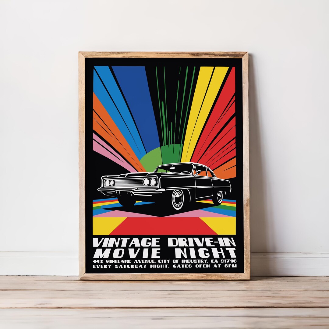 Retro Drive-in Movie Night Poster - Classic Car Print, 1960s Nostalgia ...
