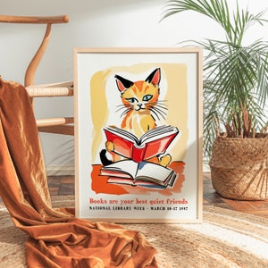 1997 BOOK READING POSTER Library Cat Books Lover Teacher Gift Idea Mid ...