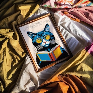 National Library Week Poster, Retro Reading Cat Wall Art, Literary ...
