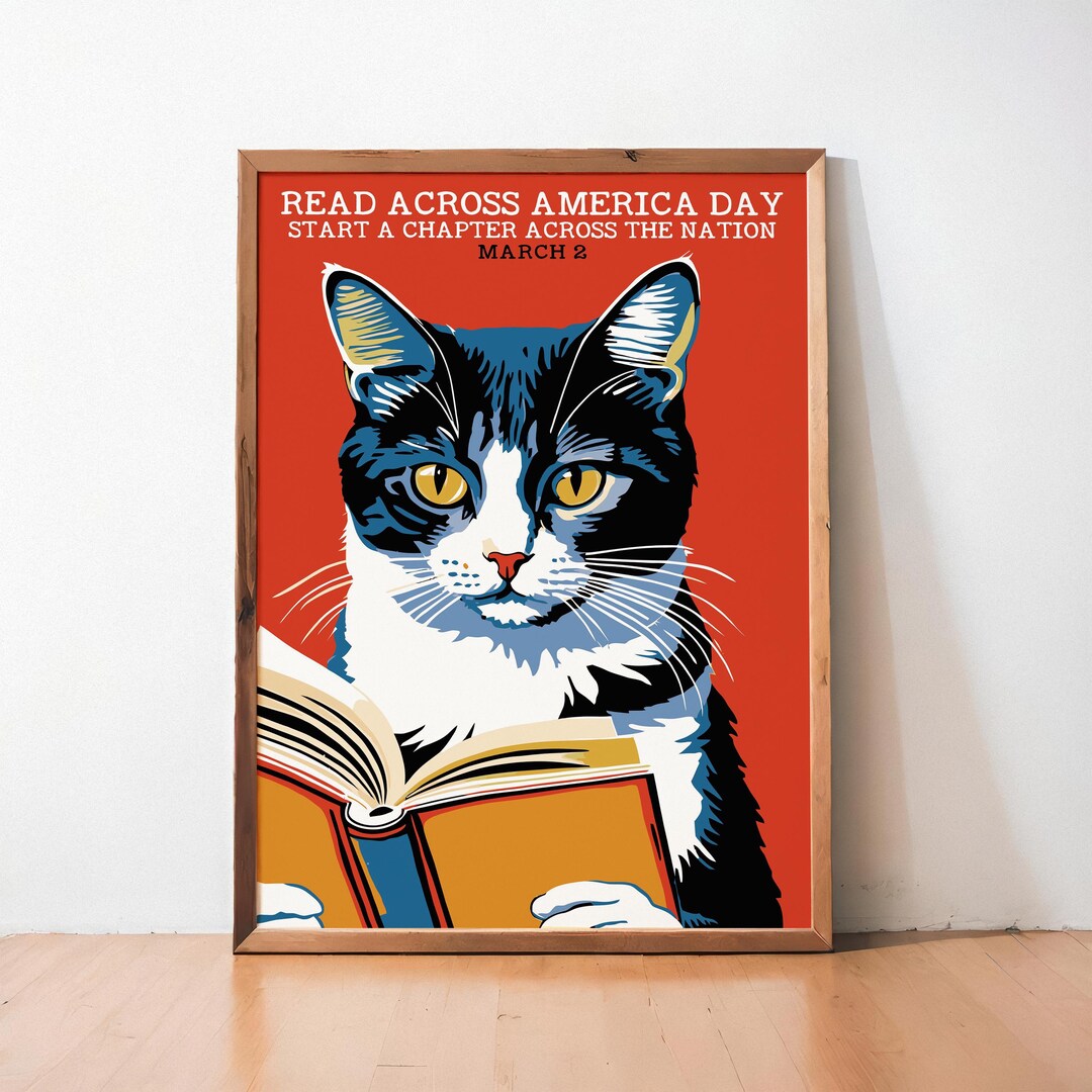 24x36 - Read Across America Day Poster | Black Cat Reading Book Wall ...