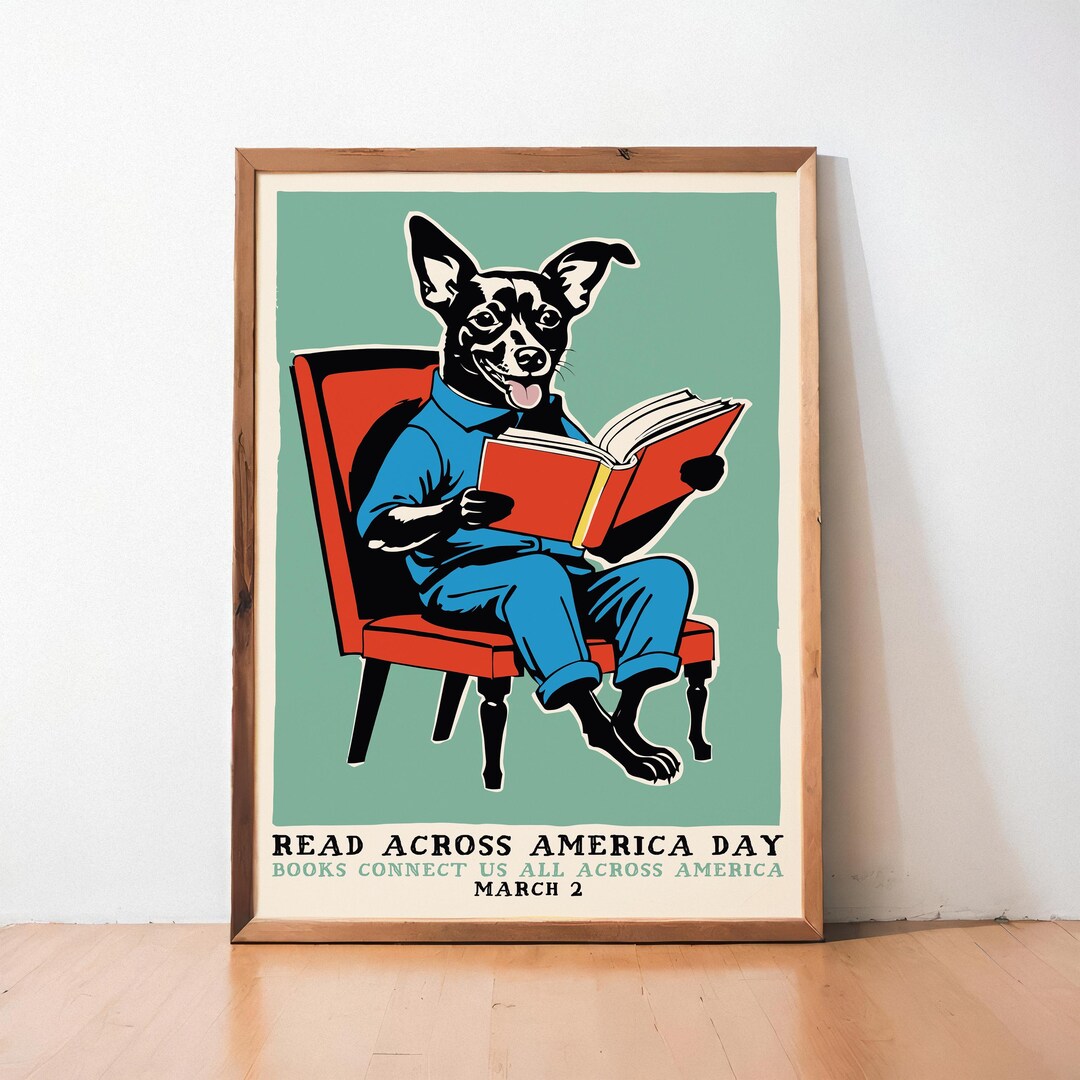 Read Across America Day Poster | Literacy Art Print | Dog Reading Book ...