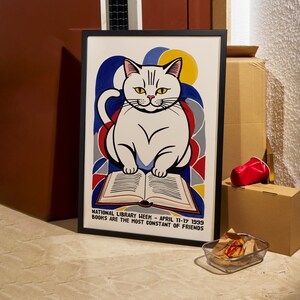 National Library Week 1999 Poster With Scholarly Cat Illustration ...