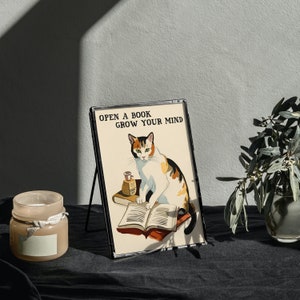 BOOK READING POSTER - Calico Cat - Books Quote Giclee Linocut Art Print ...