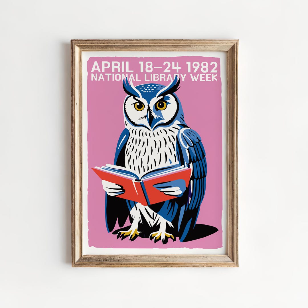 1982 National Library Week Poster – Retro Owl Reading Art Print, Pink ...