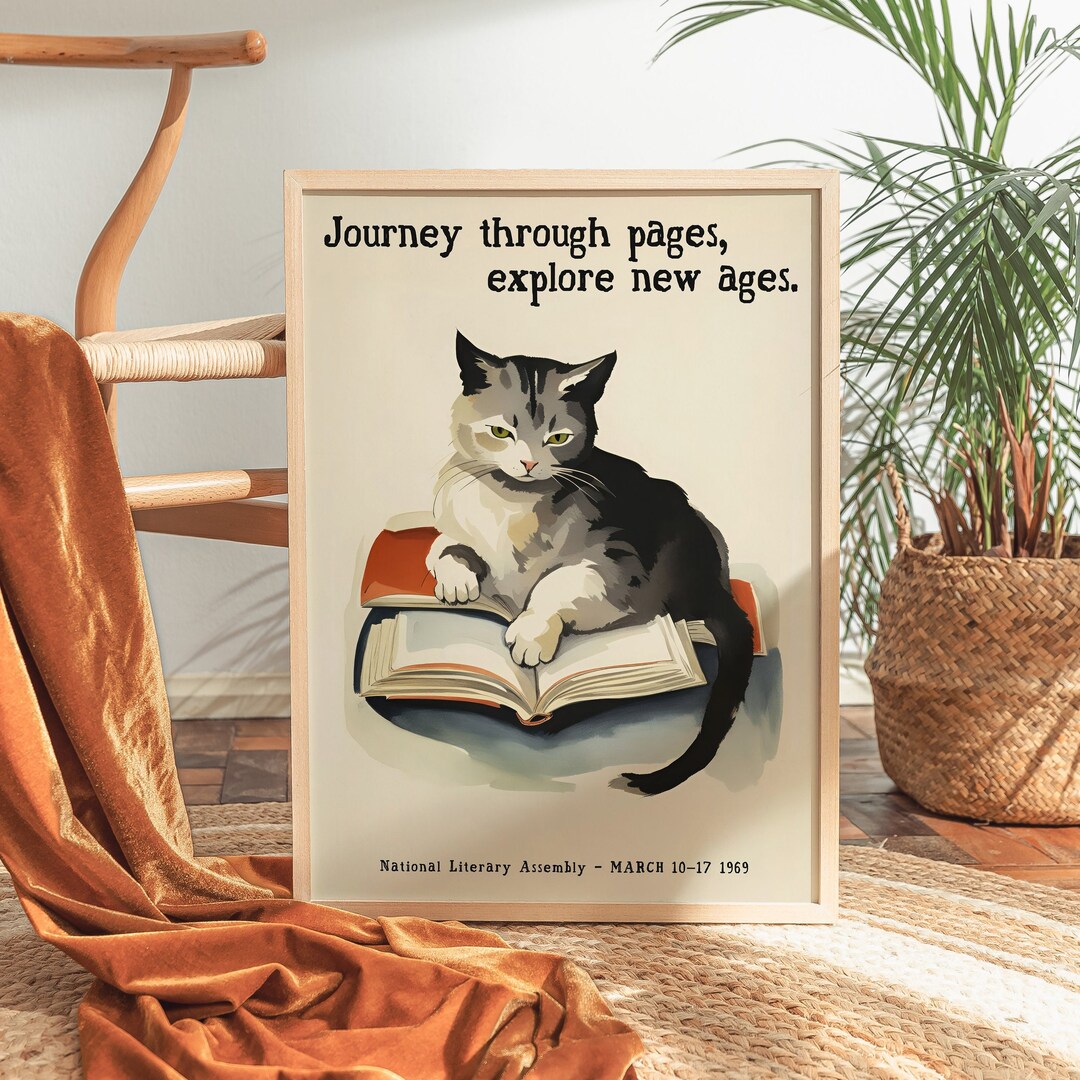 Vintage BOOK READING POSTER Library Cat Books Lover Teacher Gift Idea ...