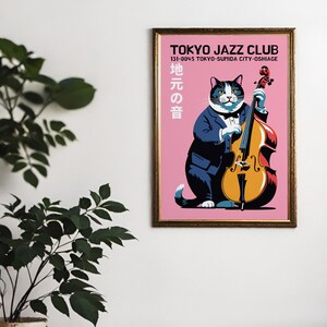 Tokyo Jazz Club Cat Poster - Tuxedo Cat Playing Double Bass - Japanese ...