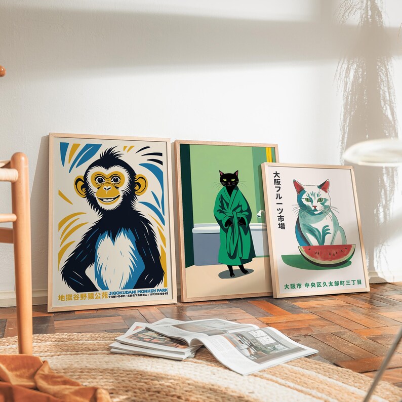 Japanese Monkey Park Poster - Vintage Whimsical Animal Wall Decor Print ...