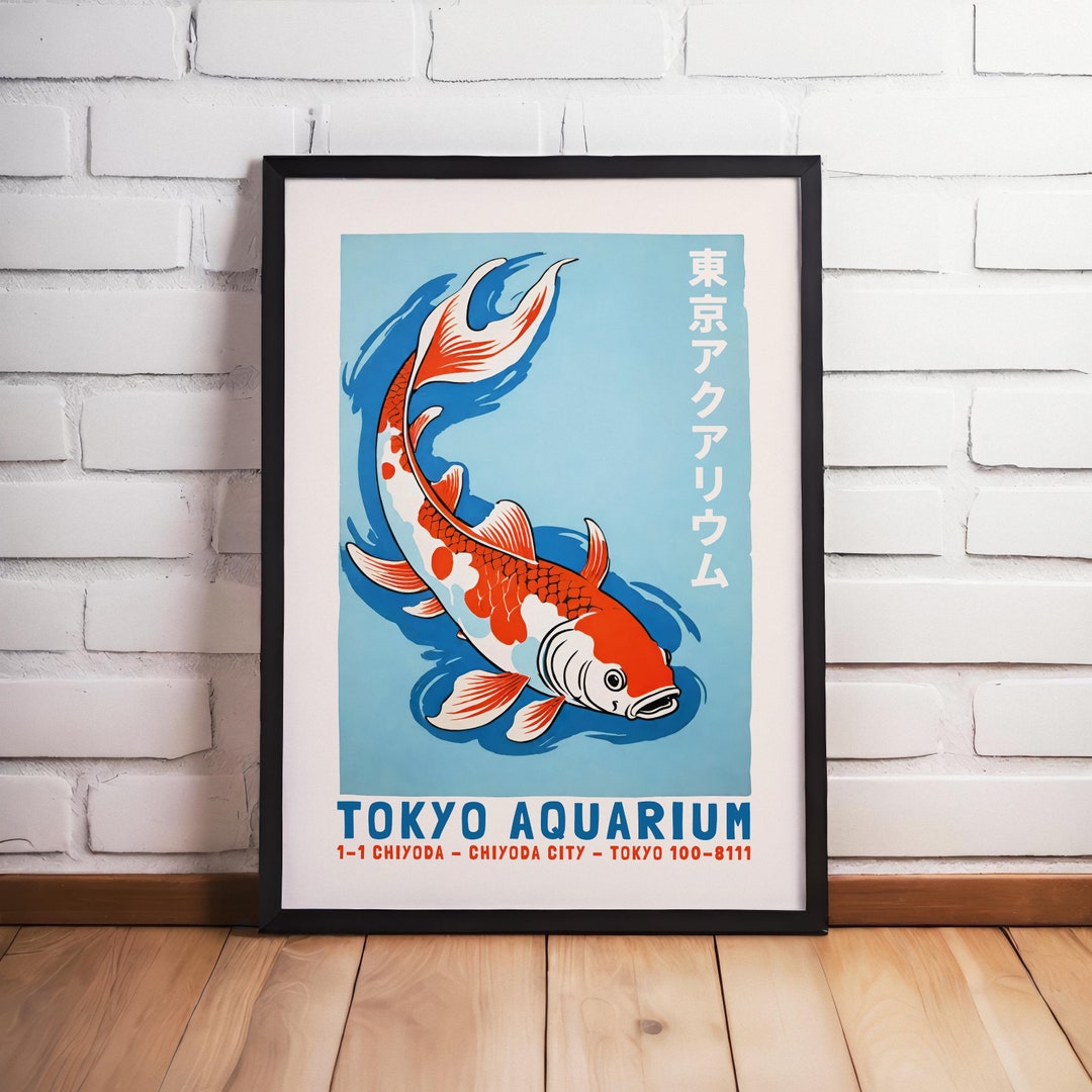 Tokyo Aquarium Koi Fish Poster - Retro Japanese Art Print, Minimalist ...