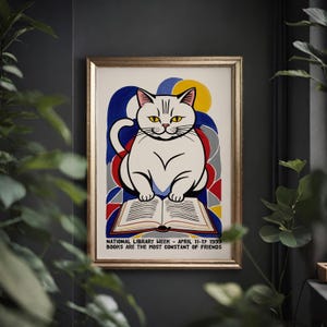 National Library Week 1999 Poster With Scholarly Cat Illustration ...