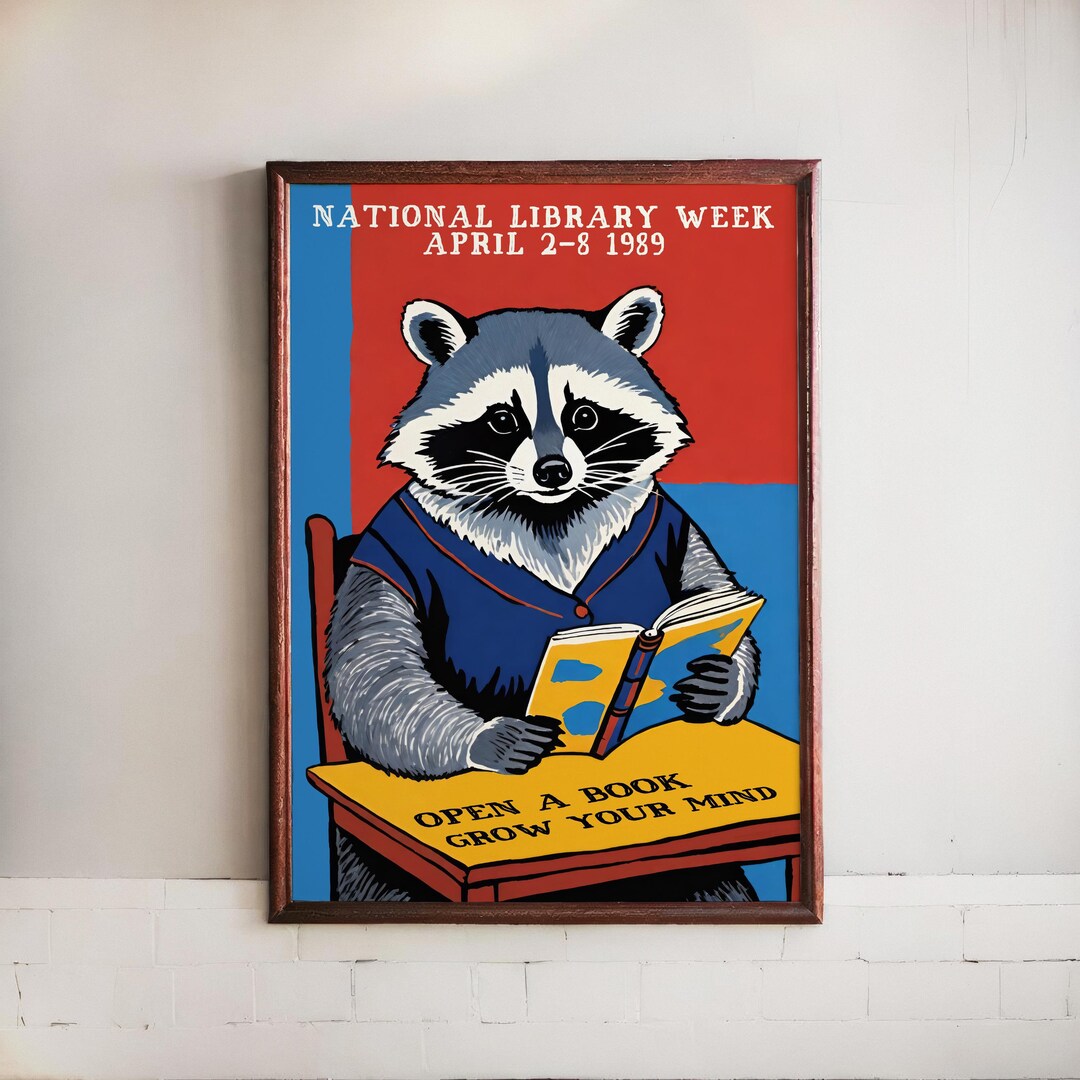 National Library Week Poster 1989 | Retro Reading Raccoon Wall Art ...