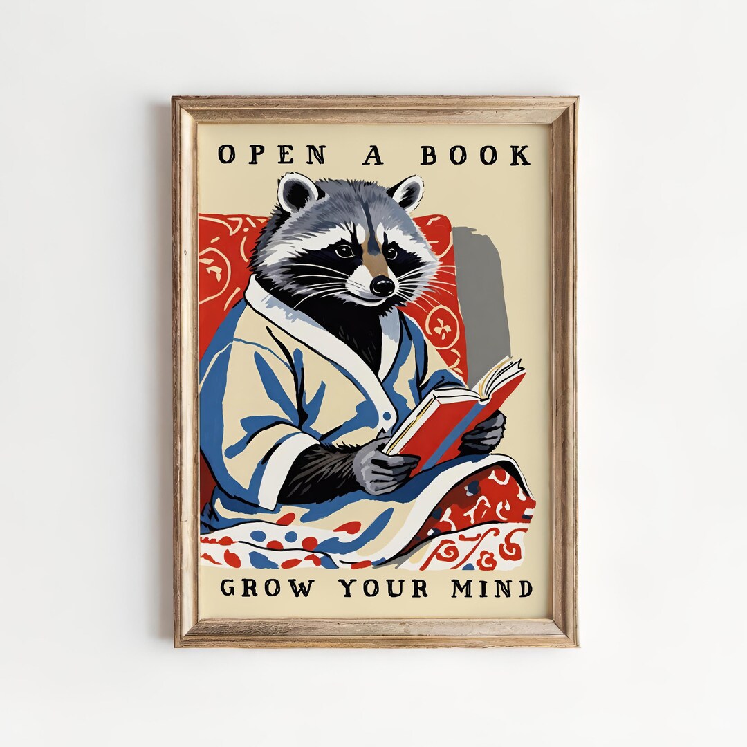 Raccoon Reading Poster | Library Wall Art | Grow Your Mind Educational ...