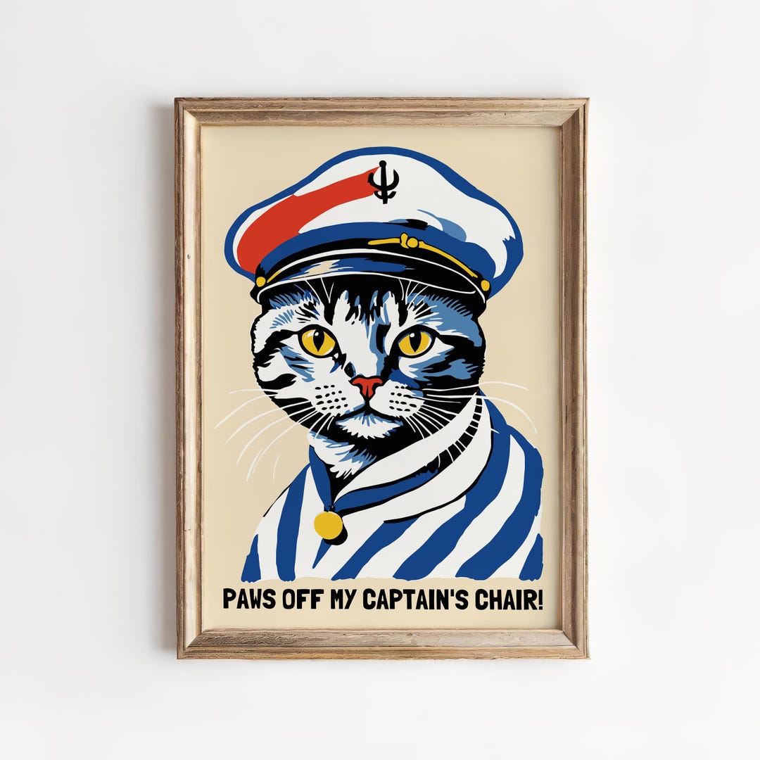 Nautical Cat Captain Poster | Sassy Sailor Kitty Wall Art | Maritime ...