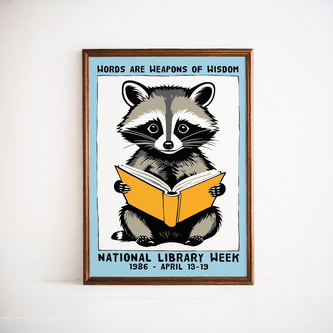 National Library Week Poster 1986 - Raccoon Reading Book Wall Art ...