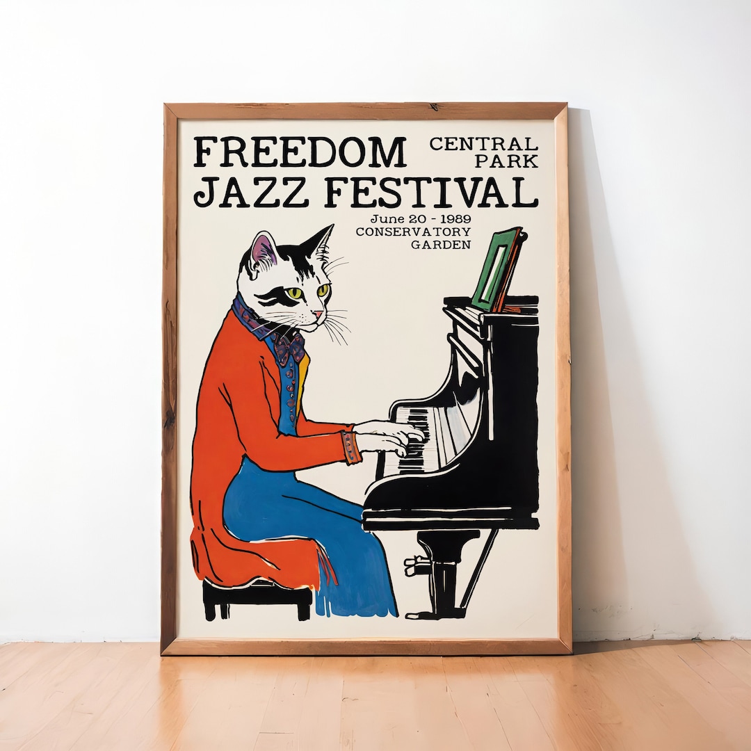 1989 Freedom Jazz Festival Vintage Poster, Central Park Conservatory Garden Event, Cat Playing ...
