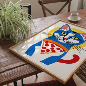 Pop Art Cat Poster With Pizza Slice - Cat Wall Art - Modern Unique Cat ...