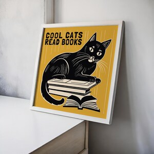 Cool Cats Read Books Retro Poster Vintage Black Cat Illustration Cat ...