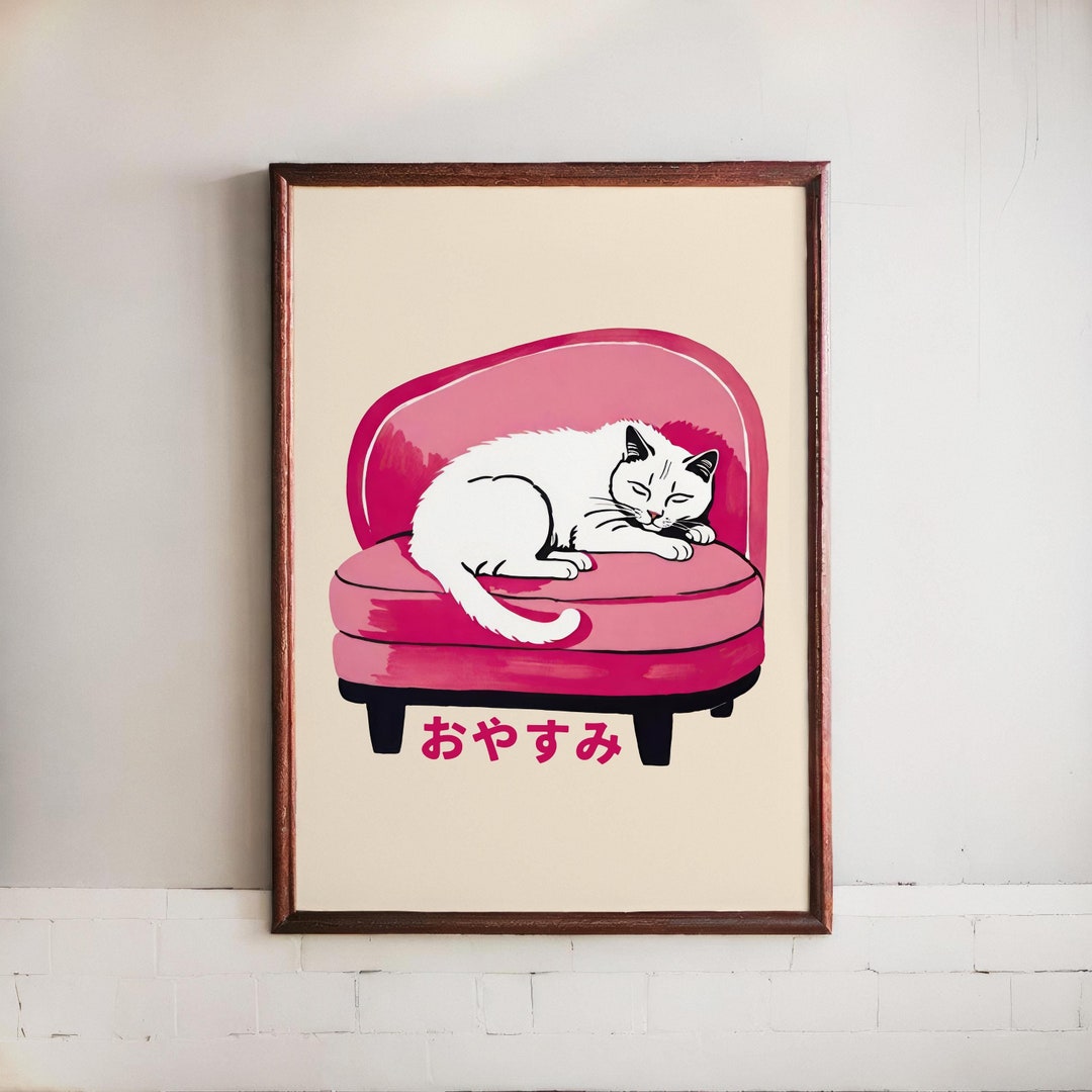 Sleeping Cat Poster - Japanese 'good Night' Art Print - Cute White Cat ...