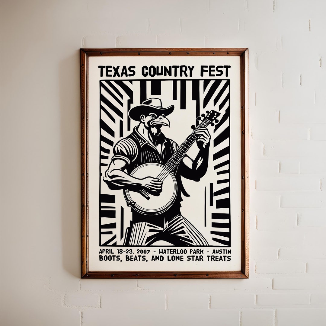 Texas Country Music Festival Poster | Patriotic Black & White Banjo Art ...