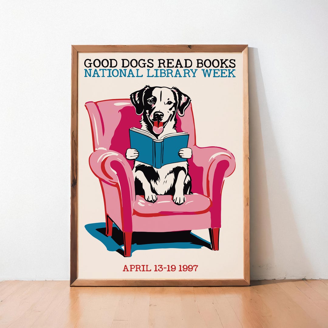 Vintage National Library Week Poster 1997 Dog Reading Book Wall Art ...