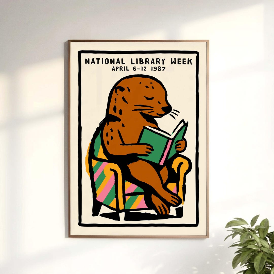 National Library Week 1987 Poster - Vintage Reading Otter Art Print ...