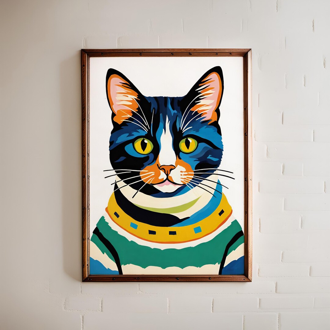 Calico Cat Portrait Poster Feline in a Sweater Unique Wall Art for Cat ...