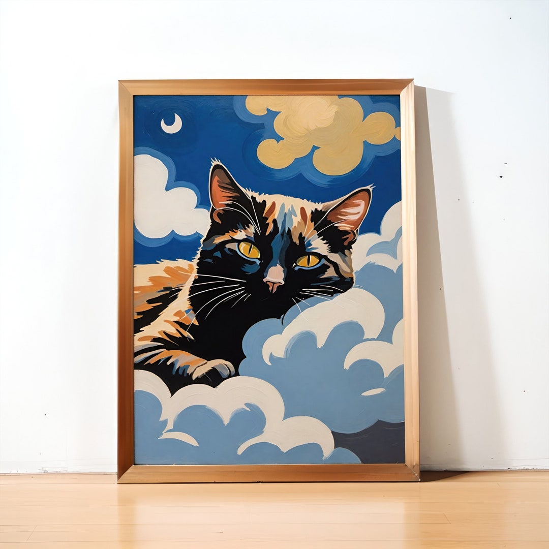 Cat in Heaven Above - Cute Kitten Art Print - Quirky Boho Illustration ...