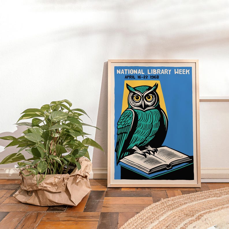 Buy National Library Week Owl Poster, Retro Library Wall Art Print ...