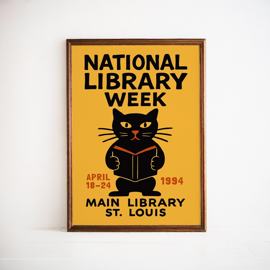 Vintage 1994 Library Week Poster |cat Reading Book Print, Retro Wall ...