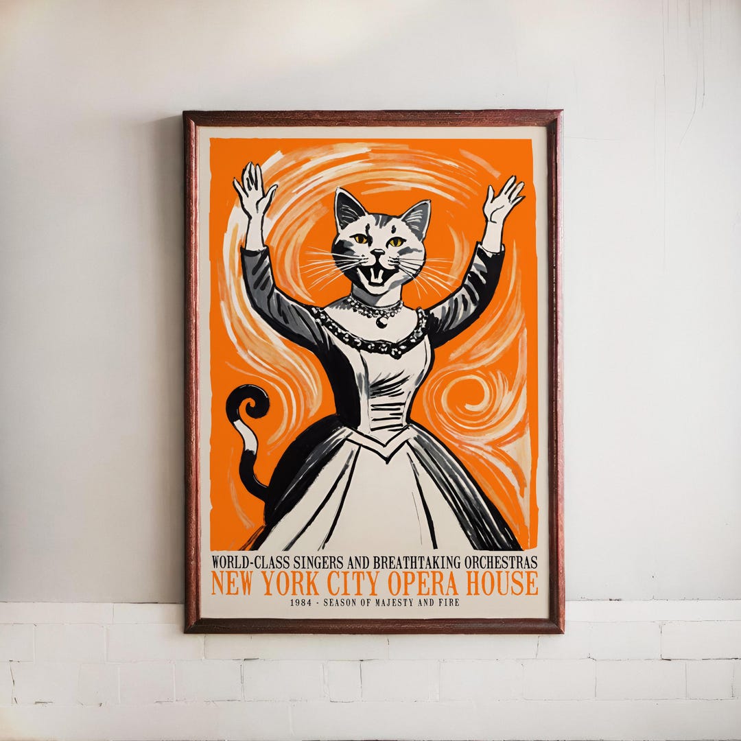 1984 New York City Opera House Poster - Cat Opera Singer - Retro Art ...
