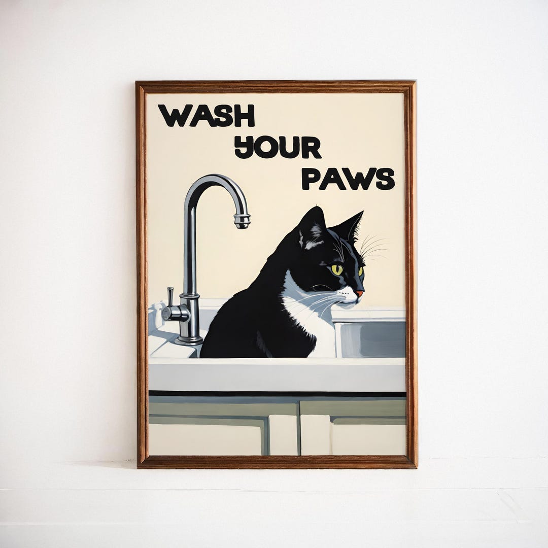 Wash Your Paws Cat Bathroom Print, Funny Cat Lover Gift, Pet Art Poster ...