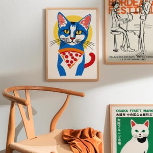 Pop Art Cat Poster With Pizza Slice - Cat Wall Art - Modern Unique Cat ...