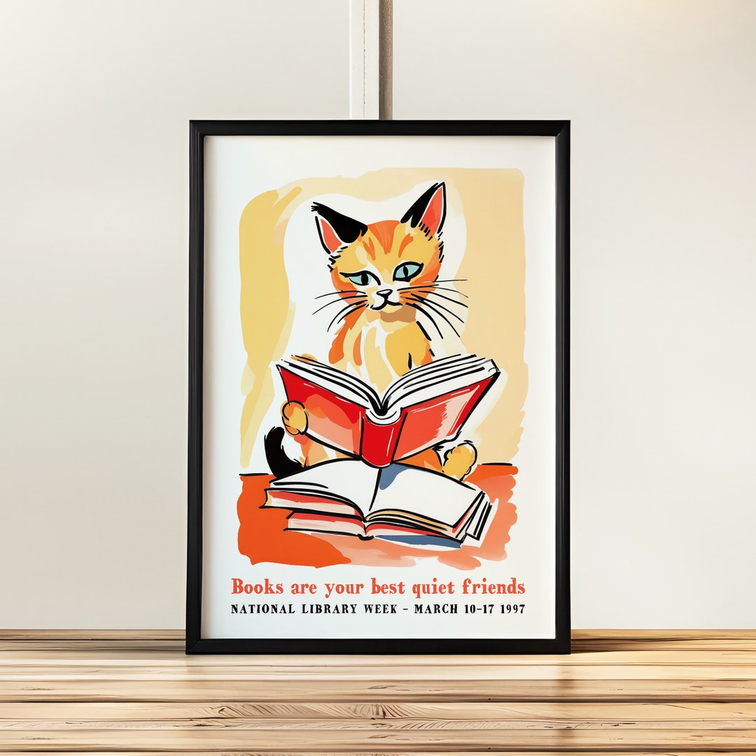 1997 BOOK READING POSTER Library Cat Books Lover Teacher Gift Idea Mid ...