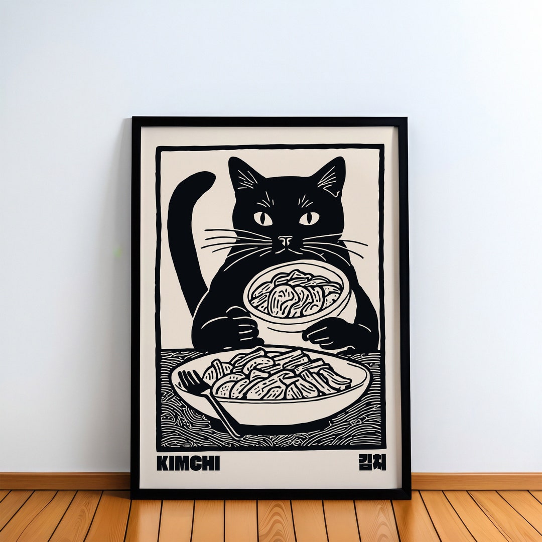 Kimchi Cat Poster - Unique Black and White Korean Cuisine Inspired Art, Handcrafted Wall Decor ...