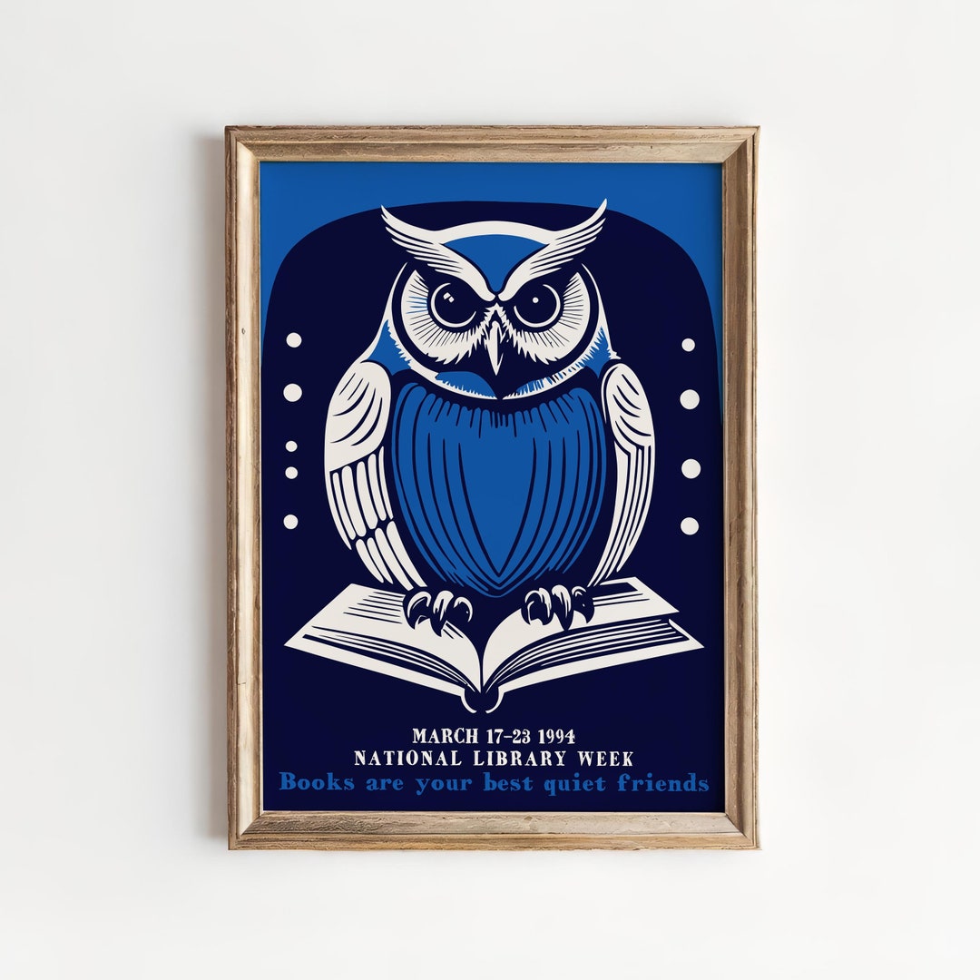 National Library Week Poster, Retro Wise Owl Book Lover Wall Art ...