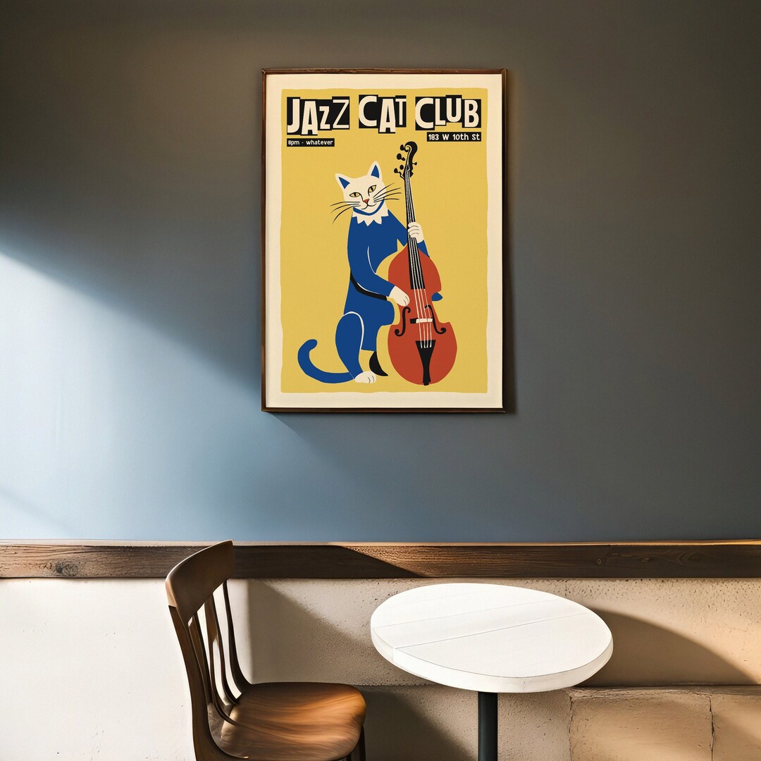 Retro Jazz Cat Club Poster, Yellow and Blue Cat Cello Art Print ...