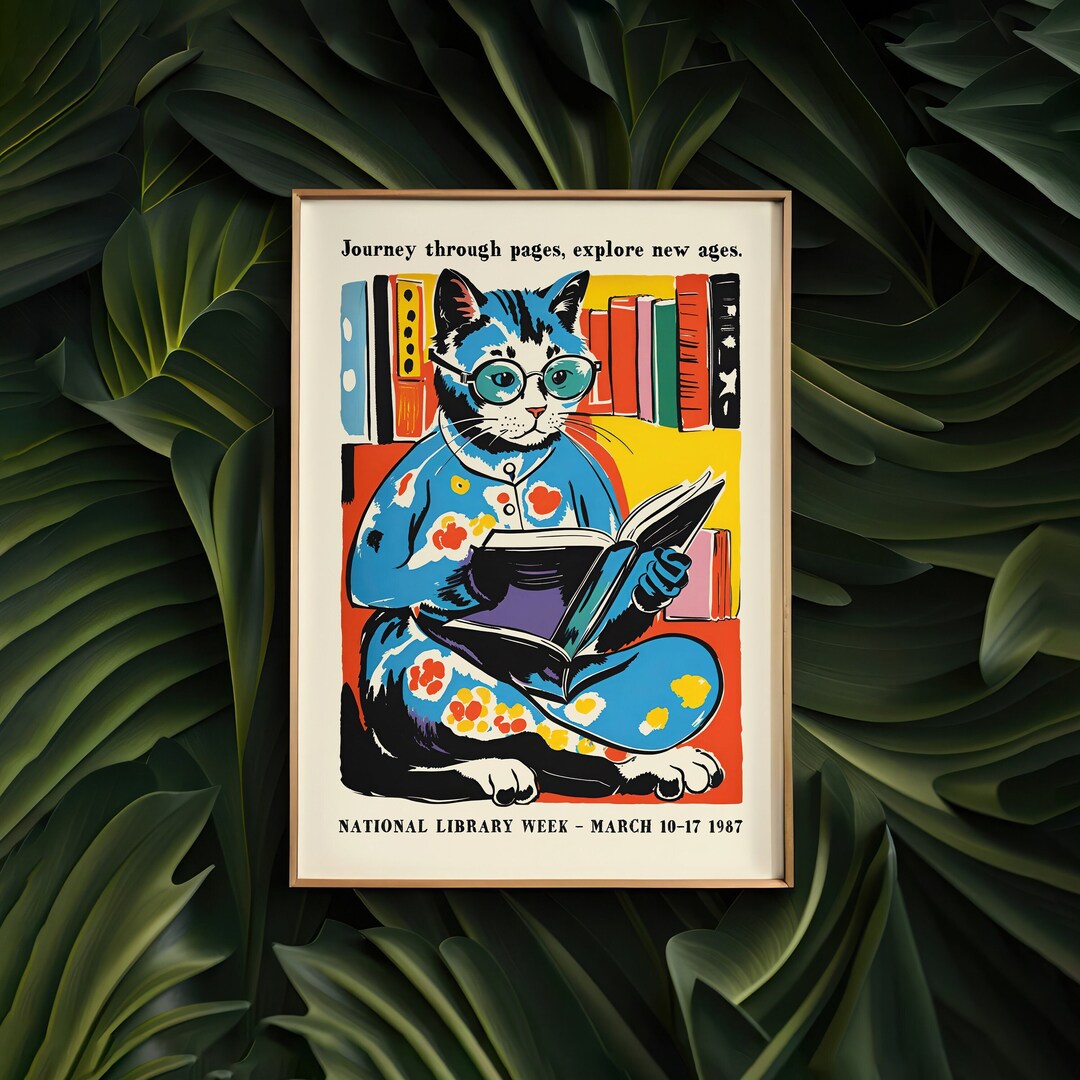 1987 National Library Week Poster: Colorful Cat Reading, Mid-century ...