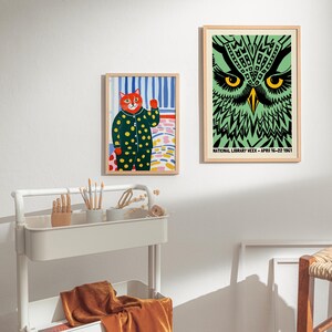 NATIONAL LIBRARY WEEK Poster - Owl Giclee Linocut Art Print Reading ...