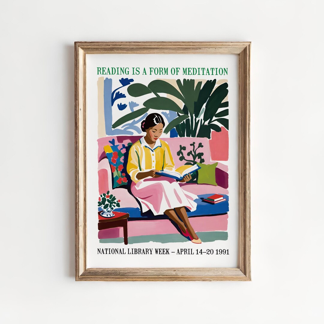 National Library Week Poster - Reading is a Form of Meditation - Retro ...