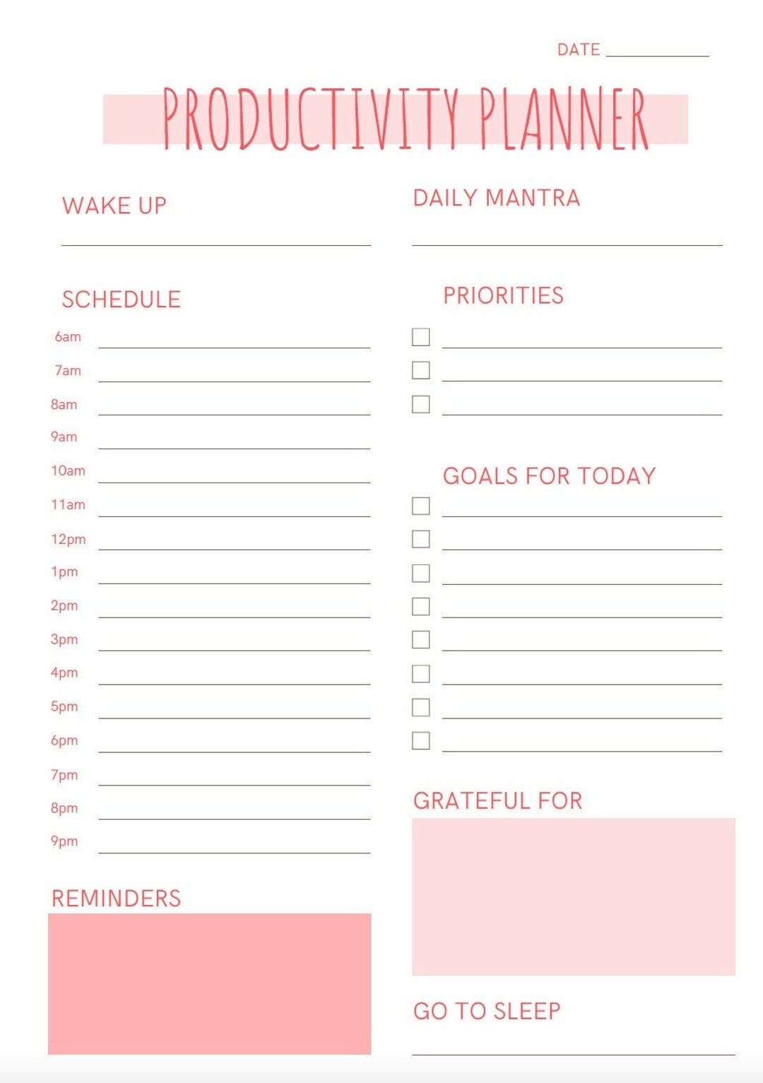 Printable Productivity Planner Page Coral Undated - Etsy