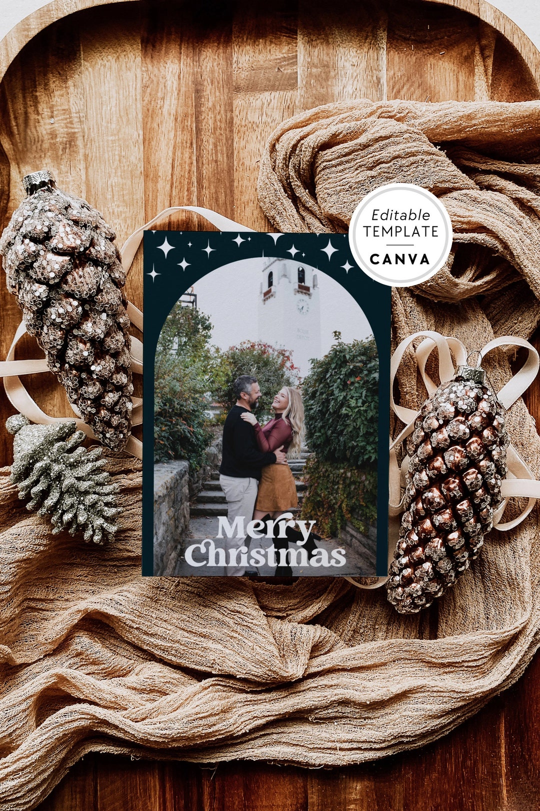 Retro Photo Christmas Card, Boho Editable Holiday Card, Christmas Arch ...
