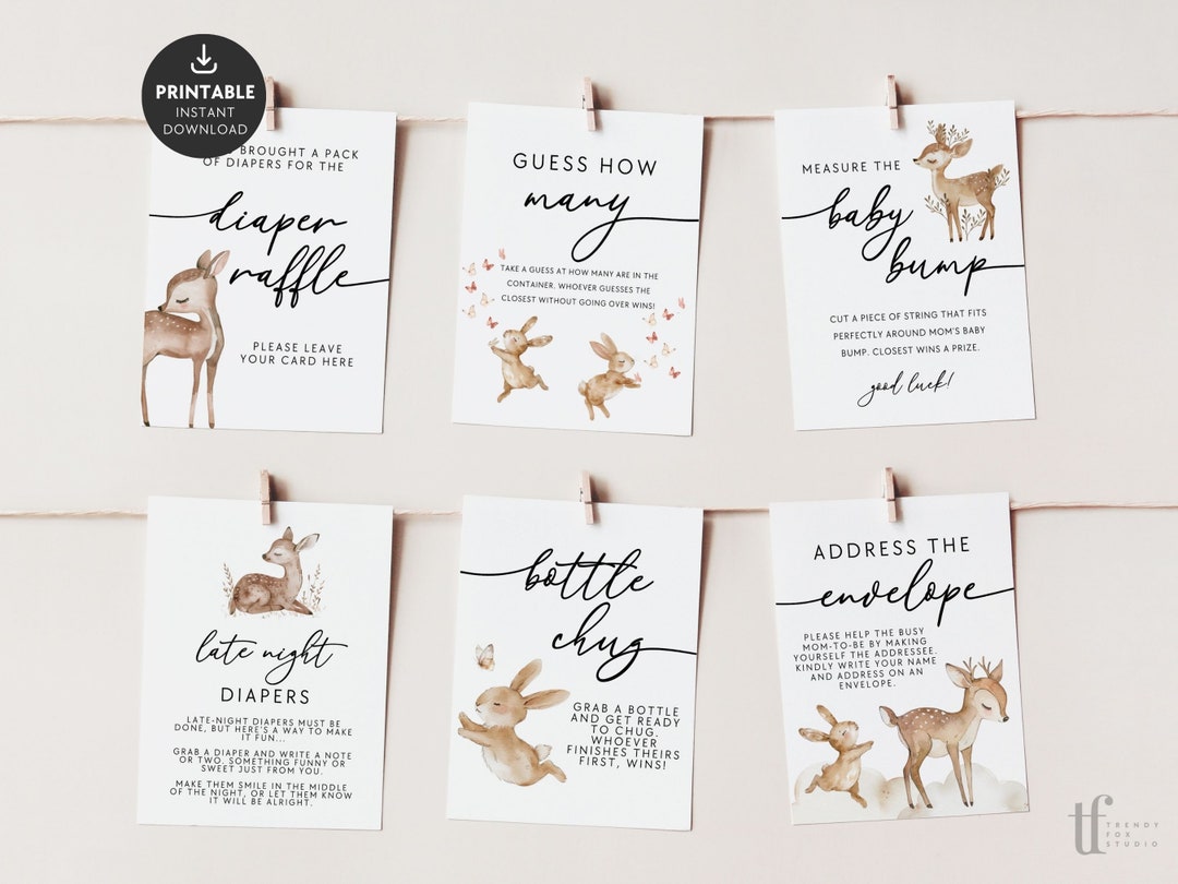 Printable Fawn Themed Baby Shower Game Sign Bundle, Instant Download ...