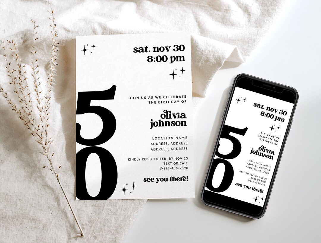 Retro 50th Birthday Invite Template, Editable Birthday Party Digital ...