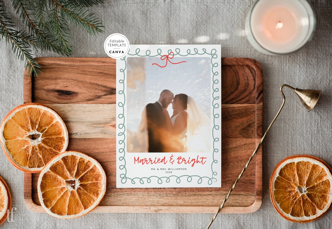 Married & Bright Christmas Card Canva Template, Wavy Frame Newlywed ...