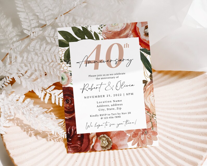 40th Anniversary Invitation Template, Printable Floral Anniversary ...