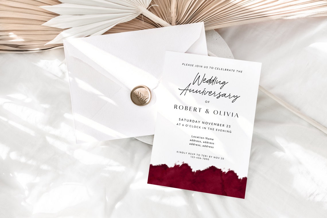 Modern Anniversary Invitation Template Burgundy Printable - Etsy